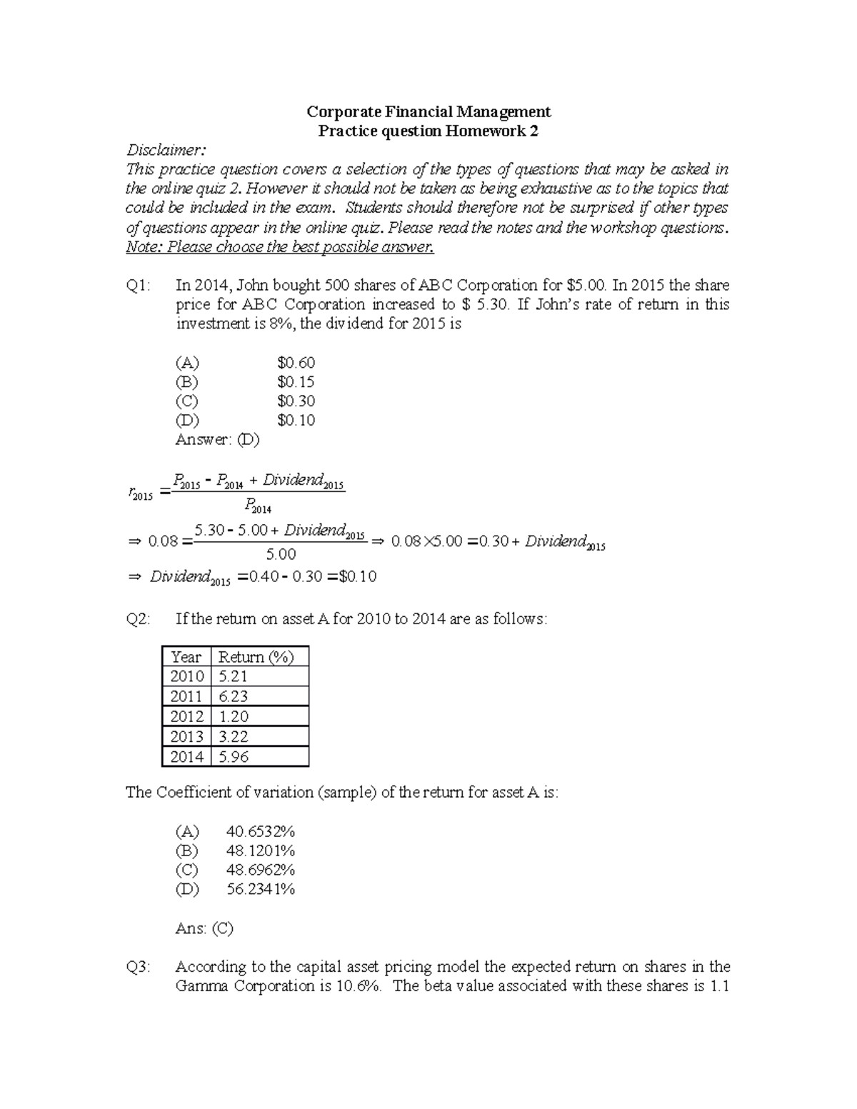Practice questions for online quiz 2 final - Corporate Financial ...