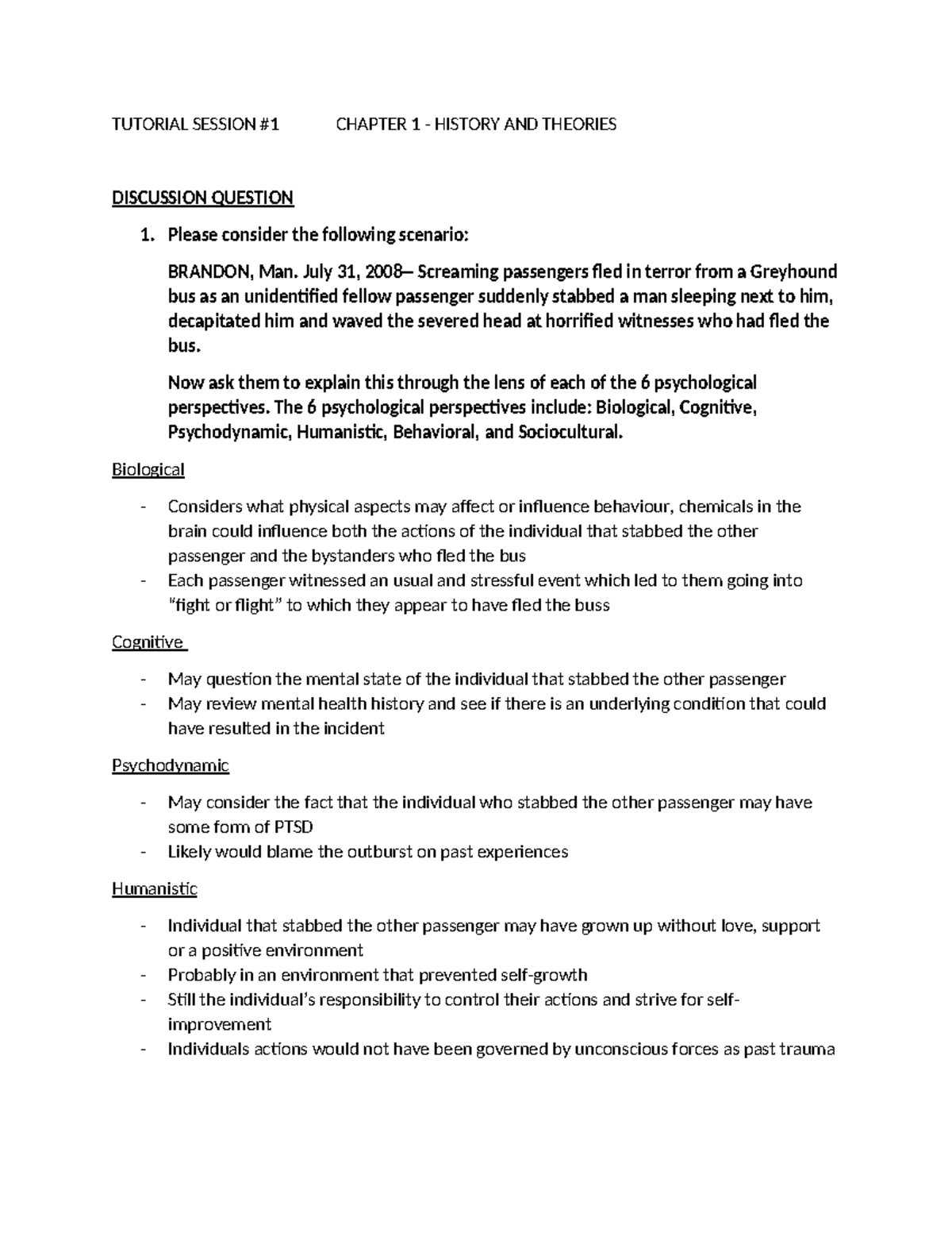 1002 week 1 tutorial - TUTORIAL SESSION #1 CHAPTER 1 - HISTORY AND THEORIES DISCUSSION QUESTION ...