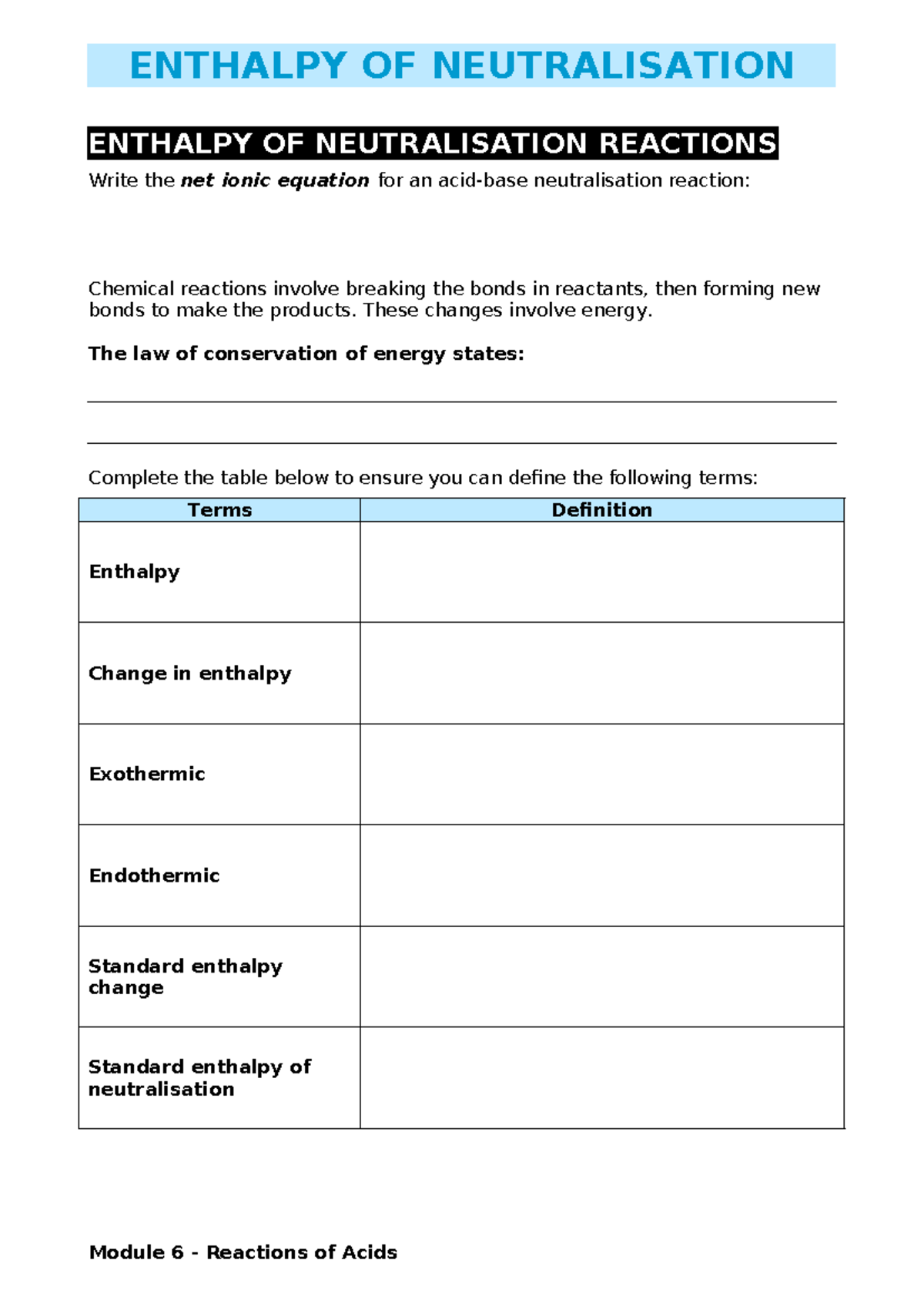 Enthalpy of Neutralisation Worksheet - ENTHALPY OF NEUTRALISATION ...