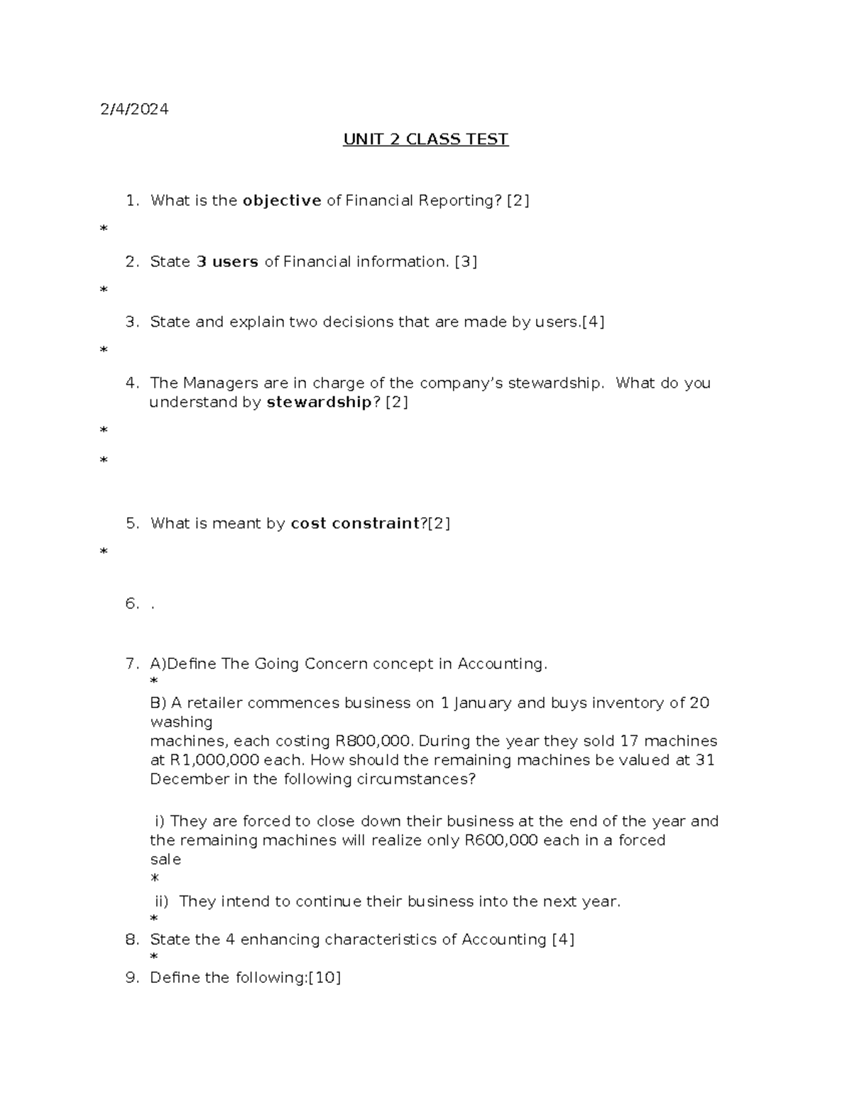 Unit 2 Accounting 3 Class Test 02 2 4 Unit 2 Class Test What Is The Objective Of Financial
