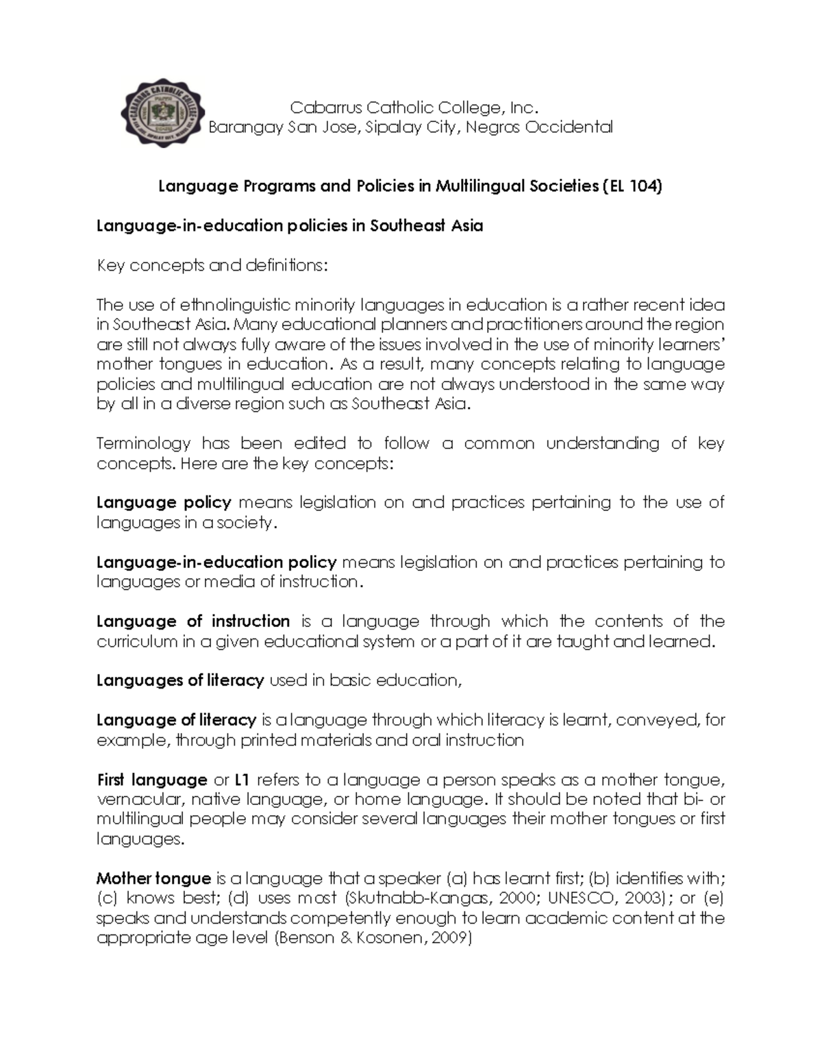 Lesson 3 Language in Education Policy in South East Asia 0 - Cabarrus ...