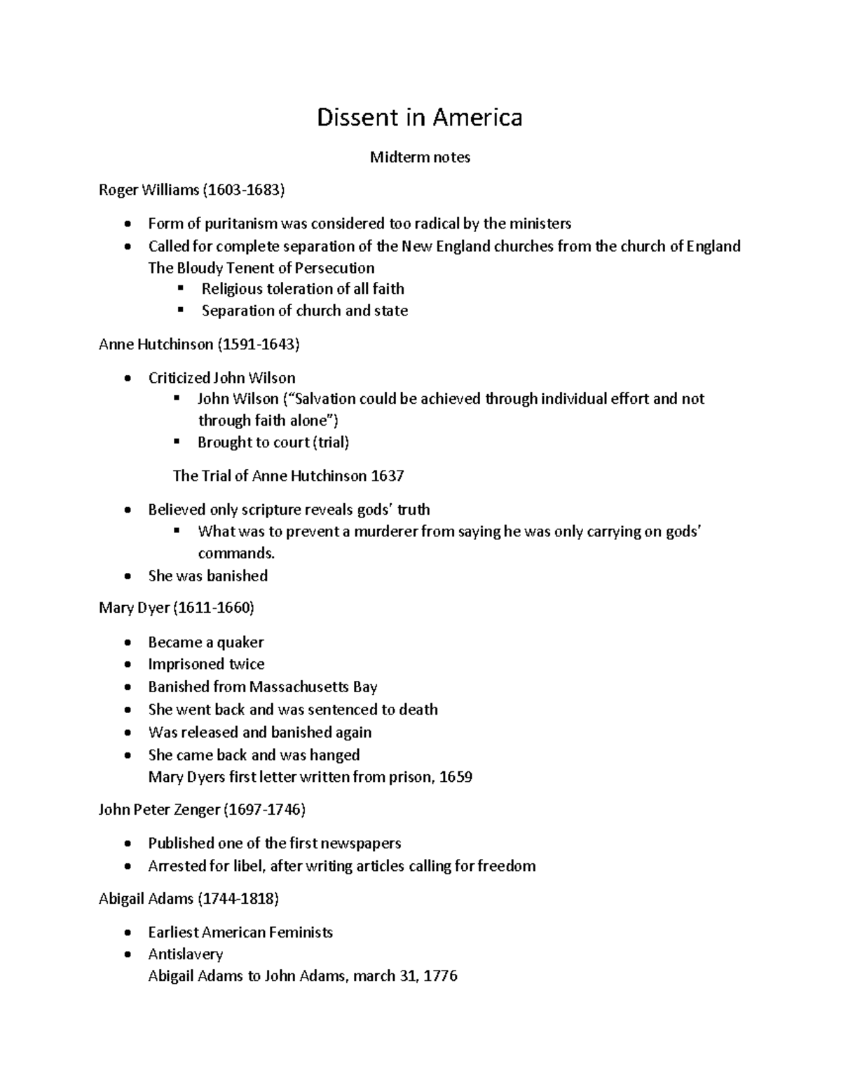DIA Midterm notes - Dissent in America Midterm notes Roger Williams ...