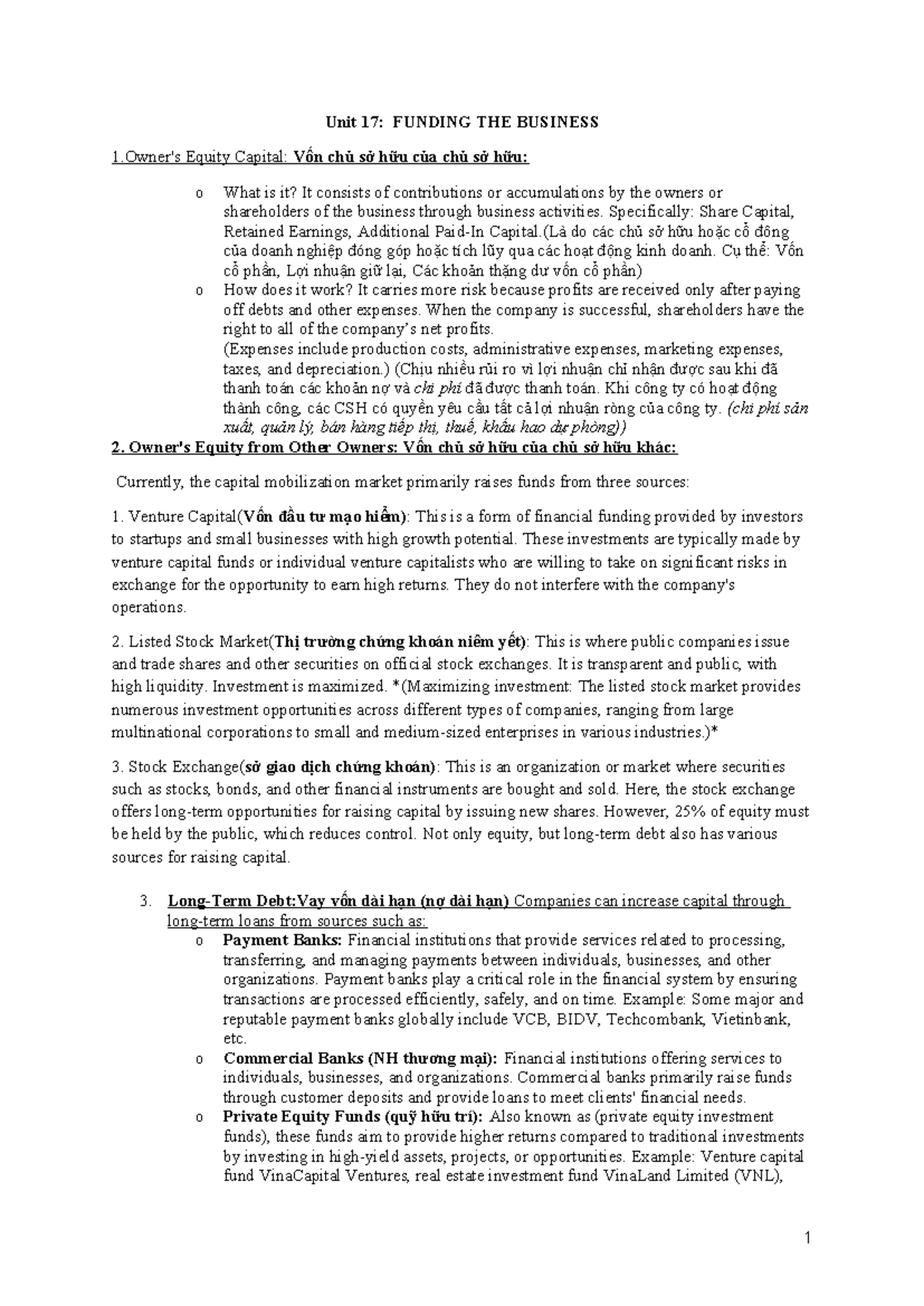 Tacn2 - Unit 17: FUNDING THE BUSINESS 1's Equity Capital: Vốn chủ sở hữu của chủ sở hữu: o What ...