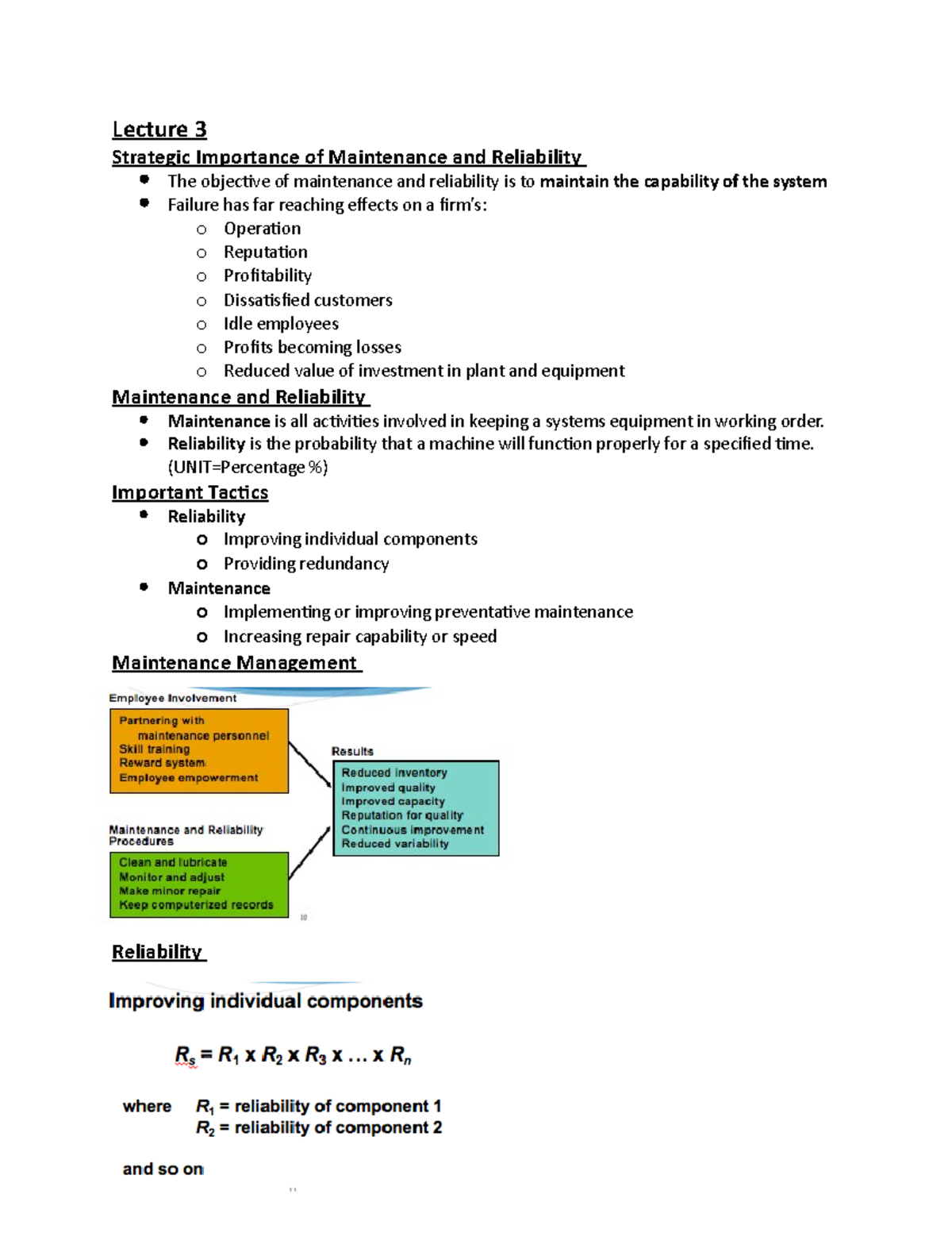 Lecture 3-GMS 401 - Lecture 3 Strategic Importance of Maintenance and Reliability The objective ...