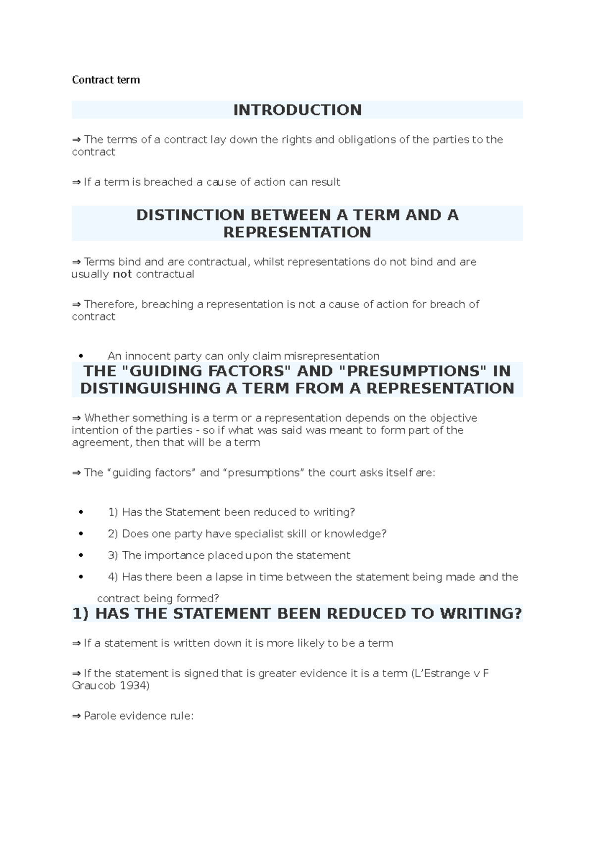 Contract 8- Terms of a Contract - Contract term INTRODUCTION ⇒ The ...