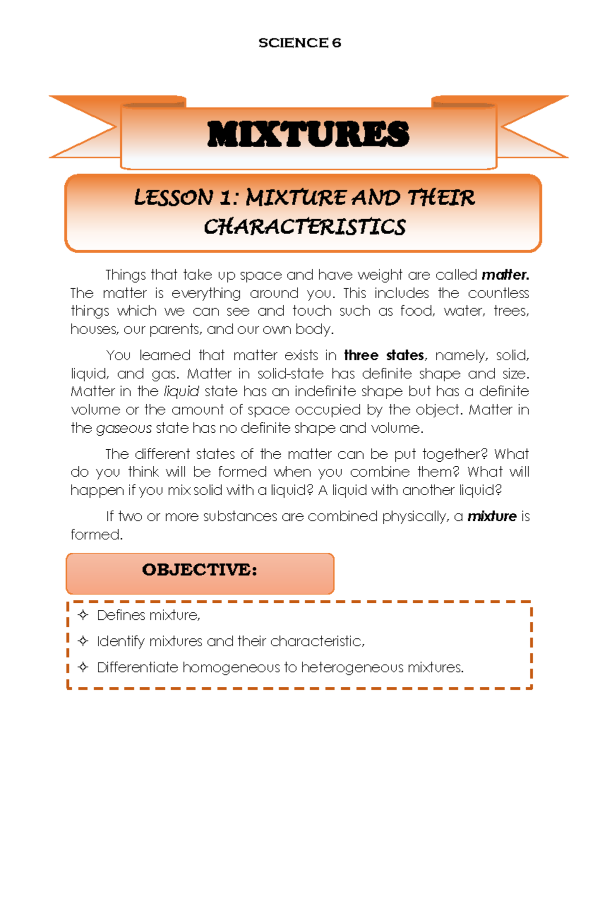 Types OF Mixtures - Notes - SCIENCE 6 Things that take up space and ...