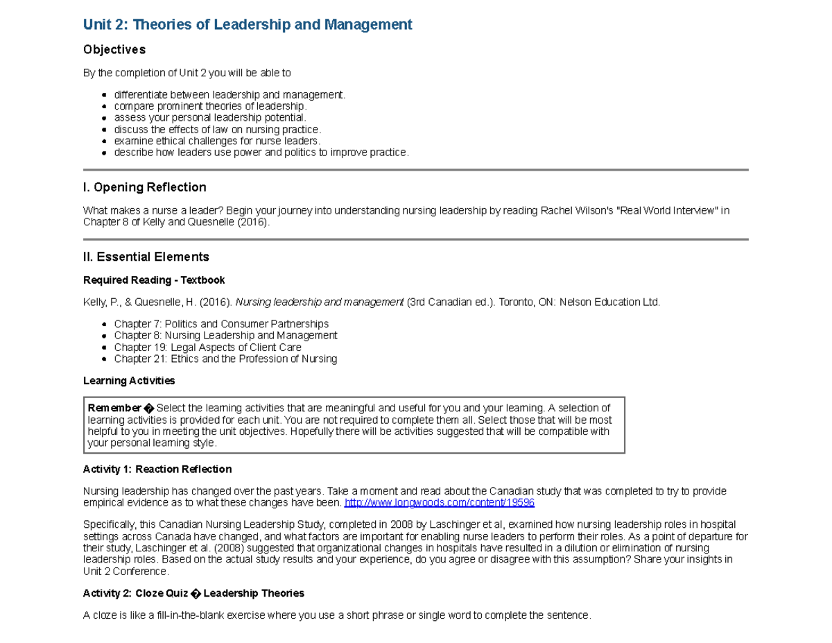 Unit 2 - Theories of Leadership and Management - Unit 2: Theories of ...