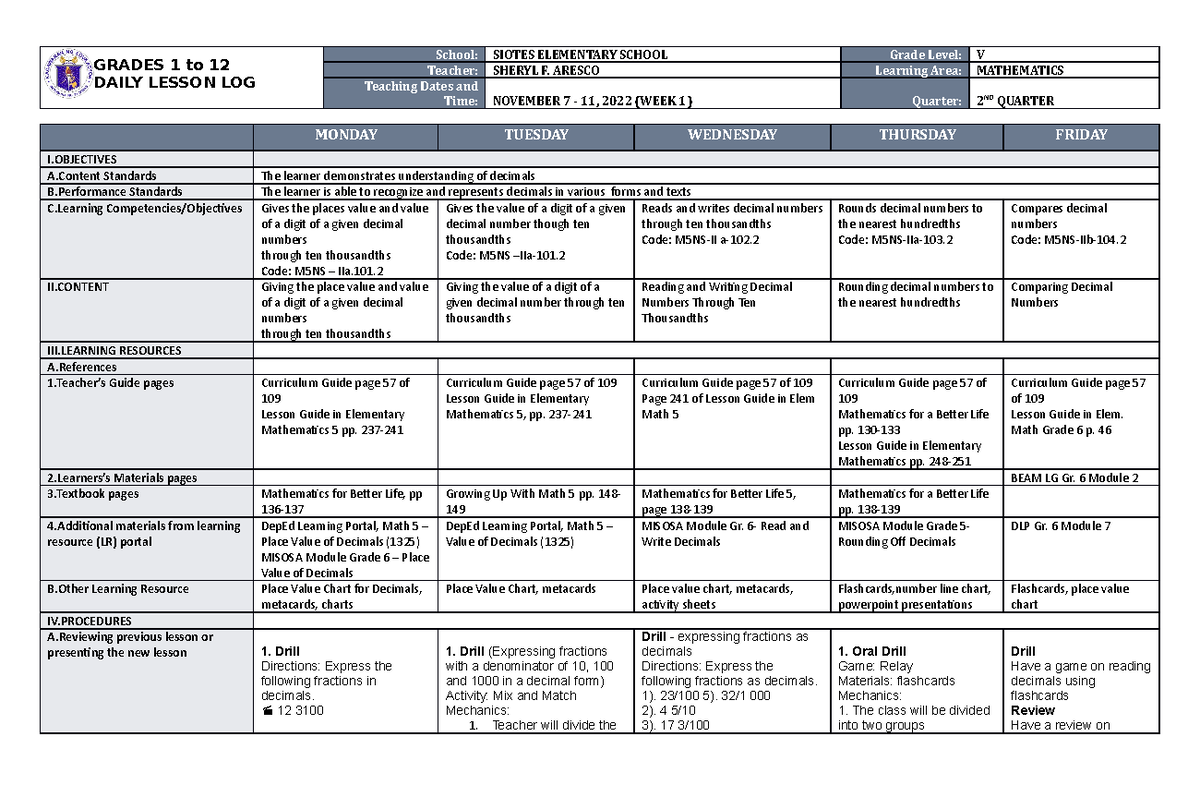 DLL Mathematics 5 Q2 W1 - WERTGYHJKMNBVC - GRADES 1 to 12 DAILY LESSON ...