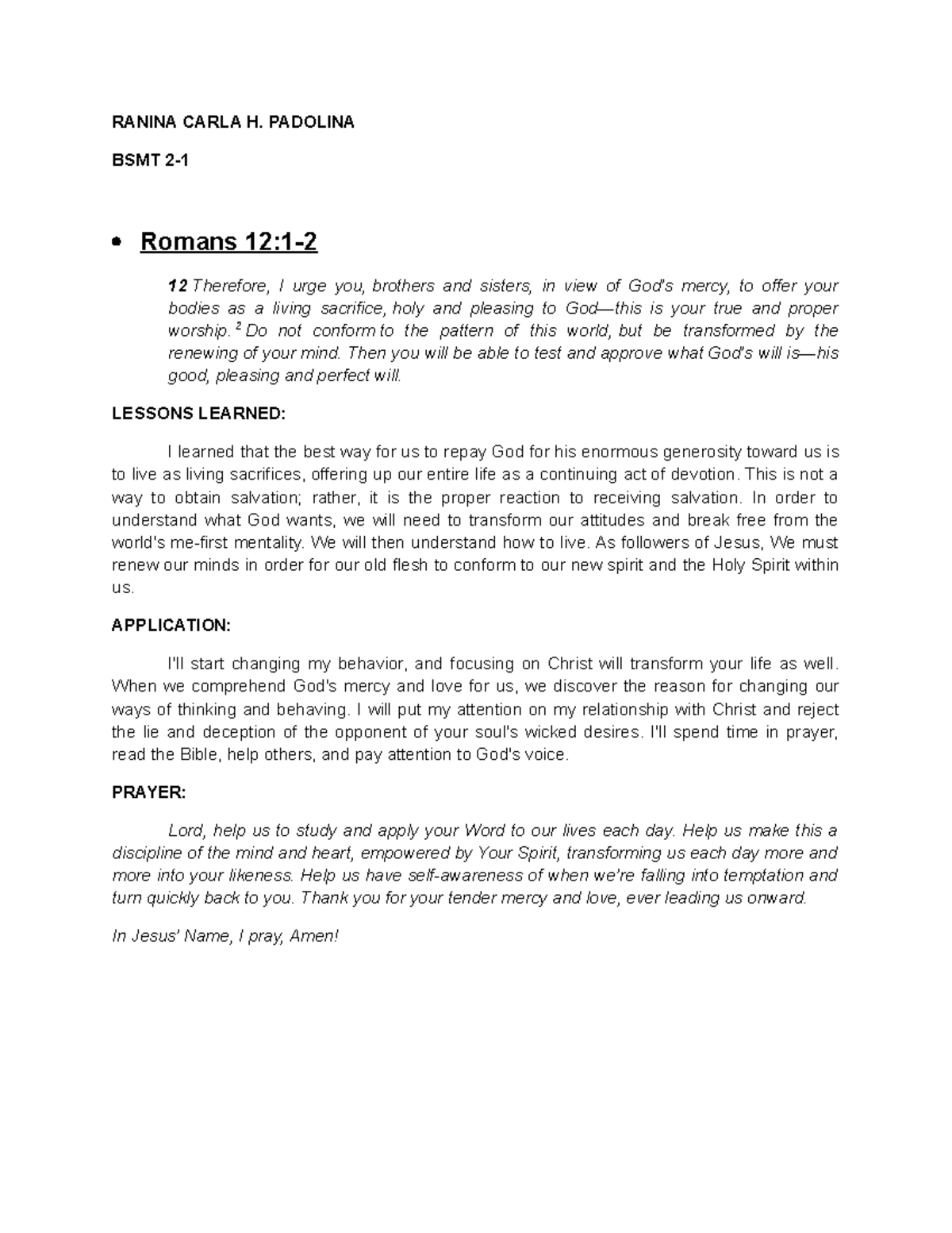 Padolina-reflections - RANINA CARLA H. PADOLINA BSMT 2- Romans 12:1- 12 ...
