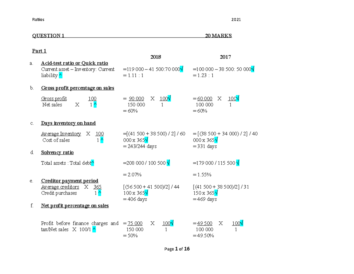 Ratio Solutions - tut - QUESTION 1 20 MARKS Part 1 2018 2017 a. Acid ...