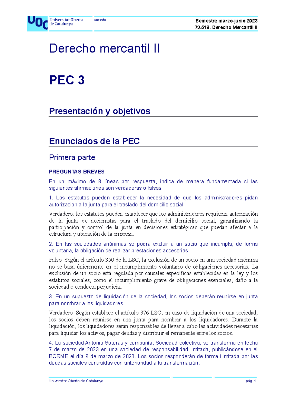 73 - PEC 3 CIVIL - Derecho mercantil II PEC 3 Presentación y objetivos Enunciados de la PEC ...