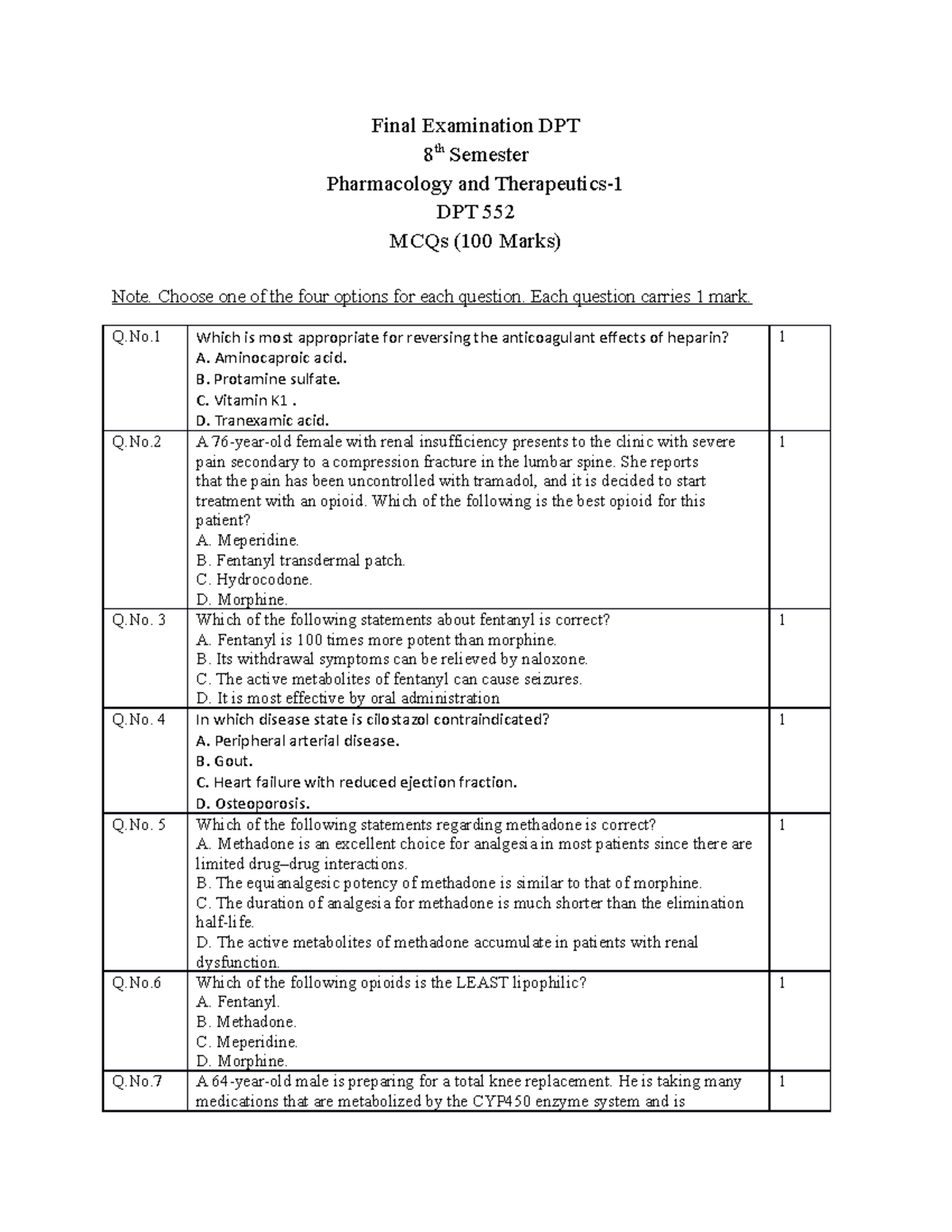 Ihms without key - Final Examination DPT 8 th Semester Pharmacology and ...