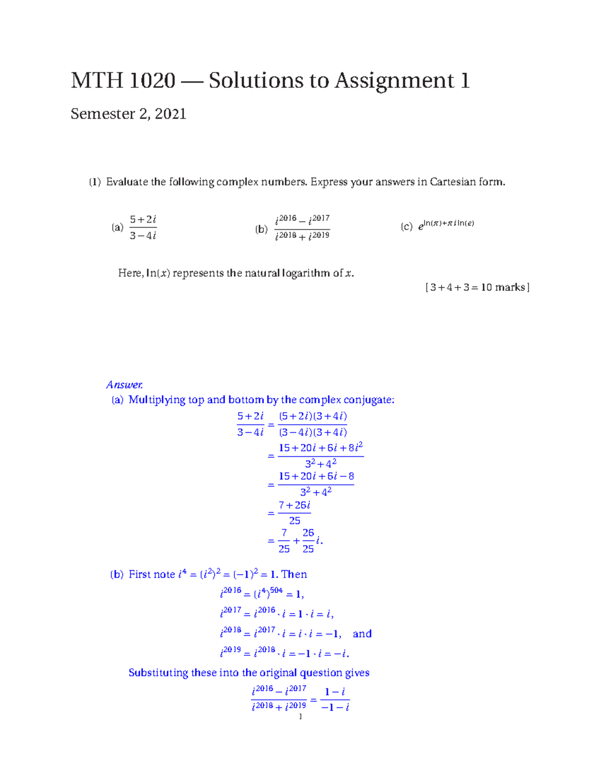 Assignment 1 Solutions S2 2021 - MTH 1020 — Solutions to Assignment 1 Semester 2, 2021 (1 ...