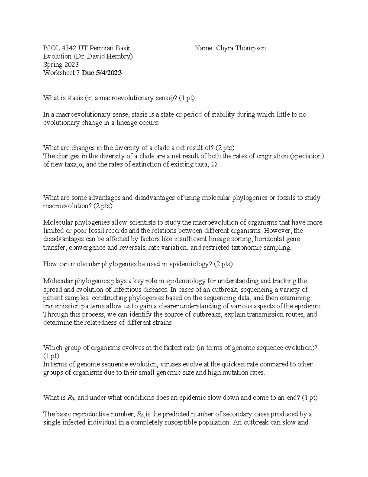 BIOL 4342 Worksheet 7 - BIOL 4342 UT Permian Basin Name: Chyra Thompson ...