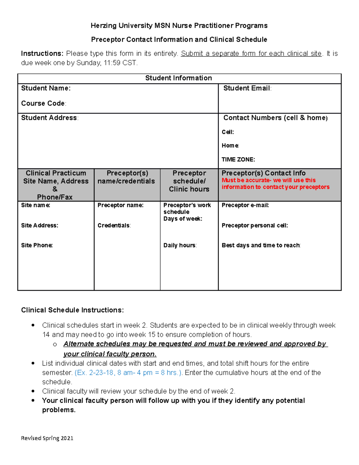 2021 Clinical Schedule and Preceptor Contact Information Sheet 2021 ...
