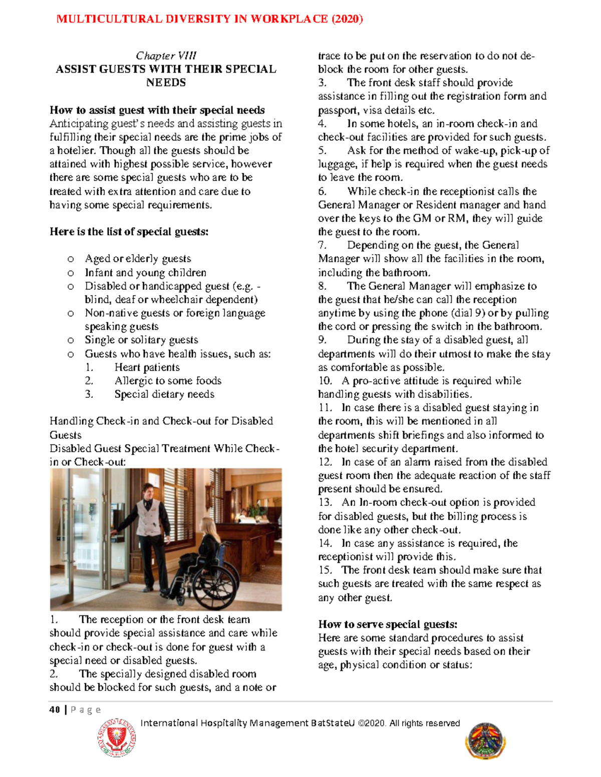 Multicultural Module chapter 89 - 40 | P a g e Chapter VIII ASSIST GUESTS WITH THEIR SPECIAL ...