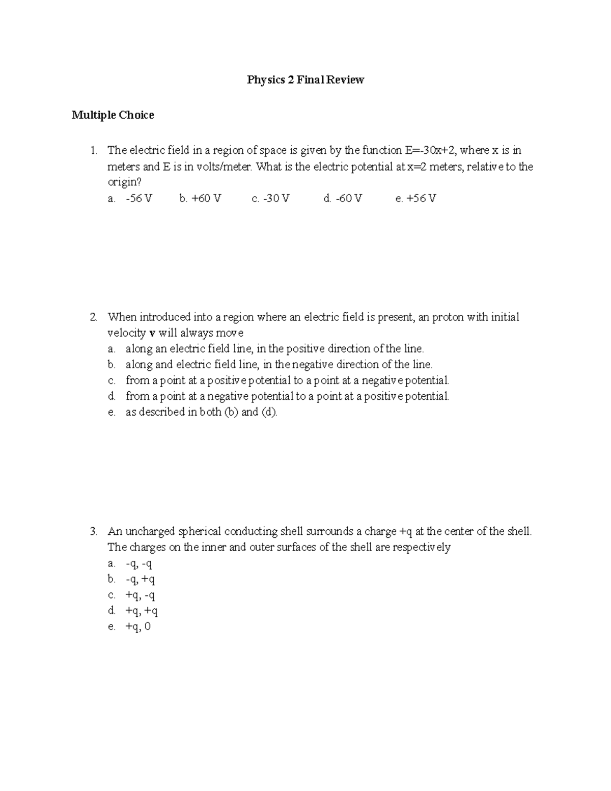 Physics Final Practice Exam - Physics 2 Final Review Multiple Choice ...