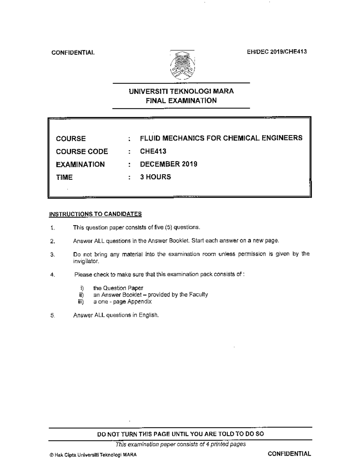 Faculty Chemical Engineering 2020 Session 1 - Degree CHE413 - ####### CONFIDENTIAL UNIVERSITI ...