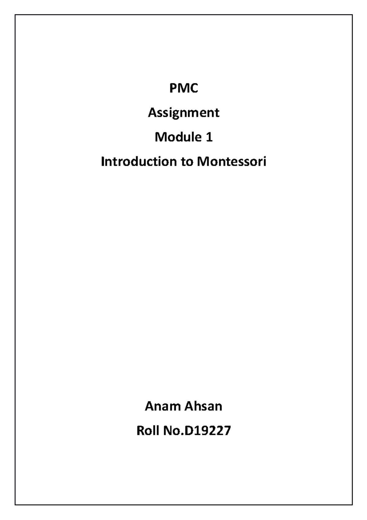 Assignment 1 intro to montessori - PMC Assignment Module 1 Introduction ...
