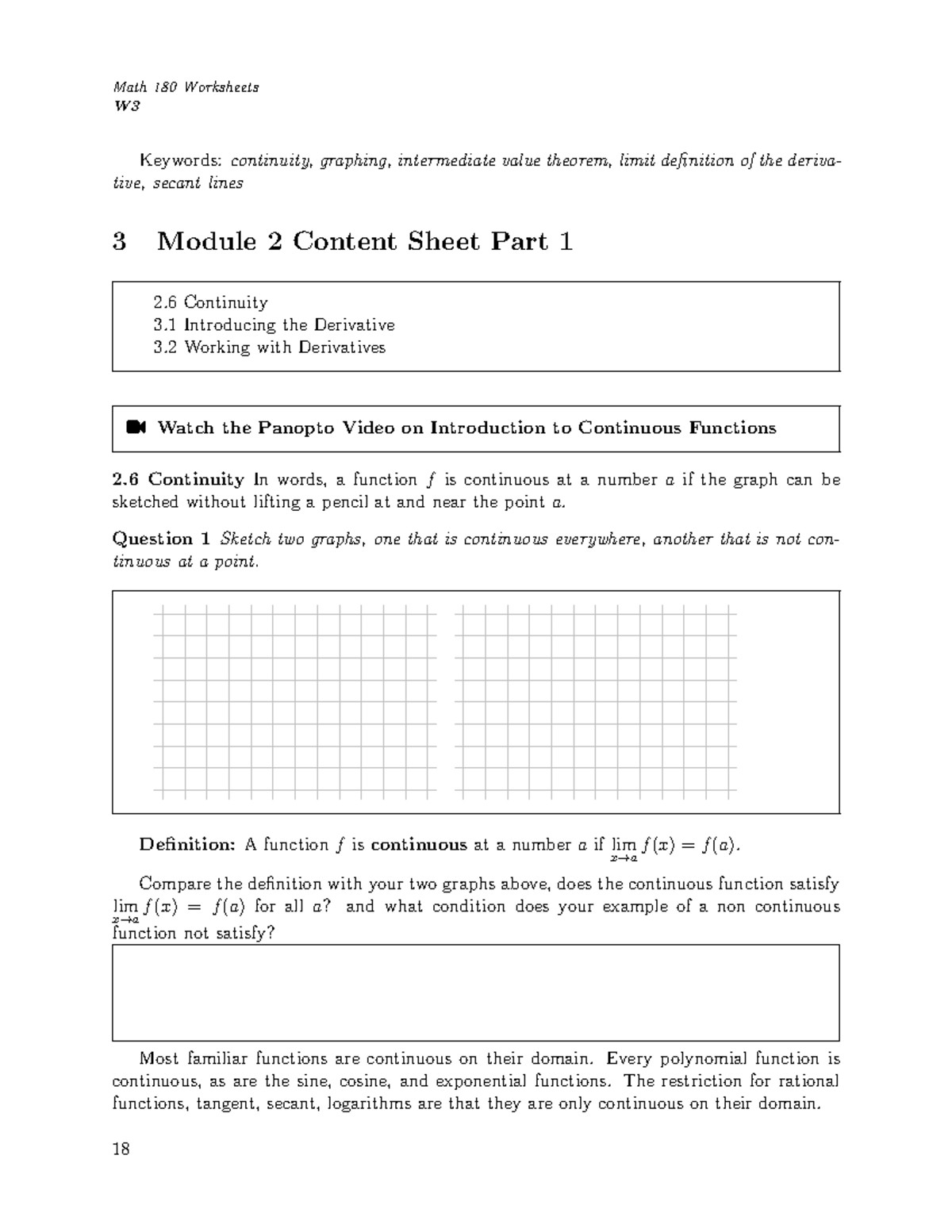 Guided Lecture Sheet Module 2 Part I W Keywords Continuity Graphing Intermediate Value