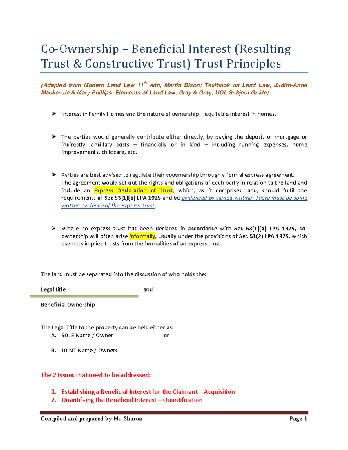 Property Land Law - Co-ownership RT CT - SC - Co-Ownership – Beneficial ...