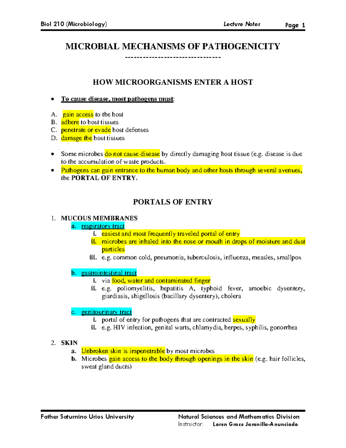 Microbial Mechanisms of Pathogenicity - Father Saturnino Urios ...