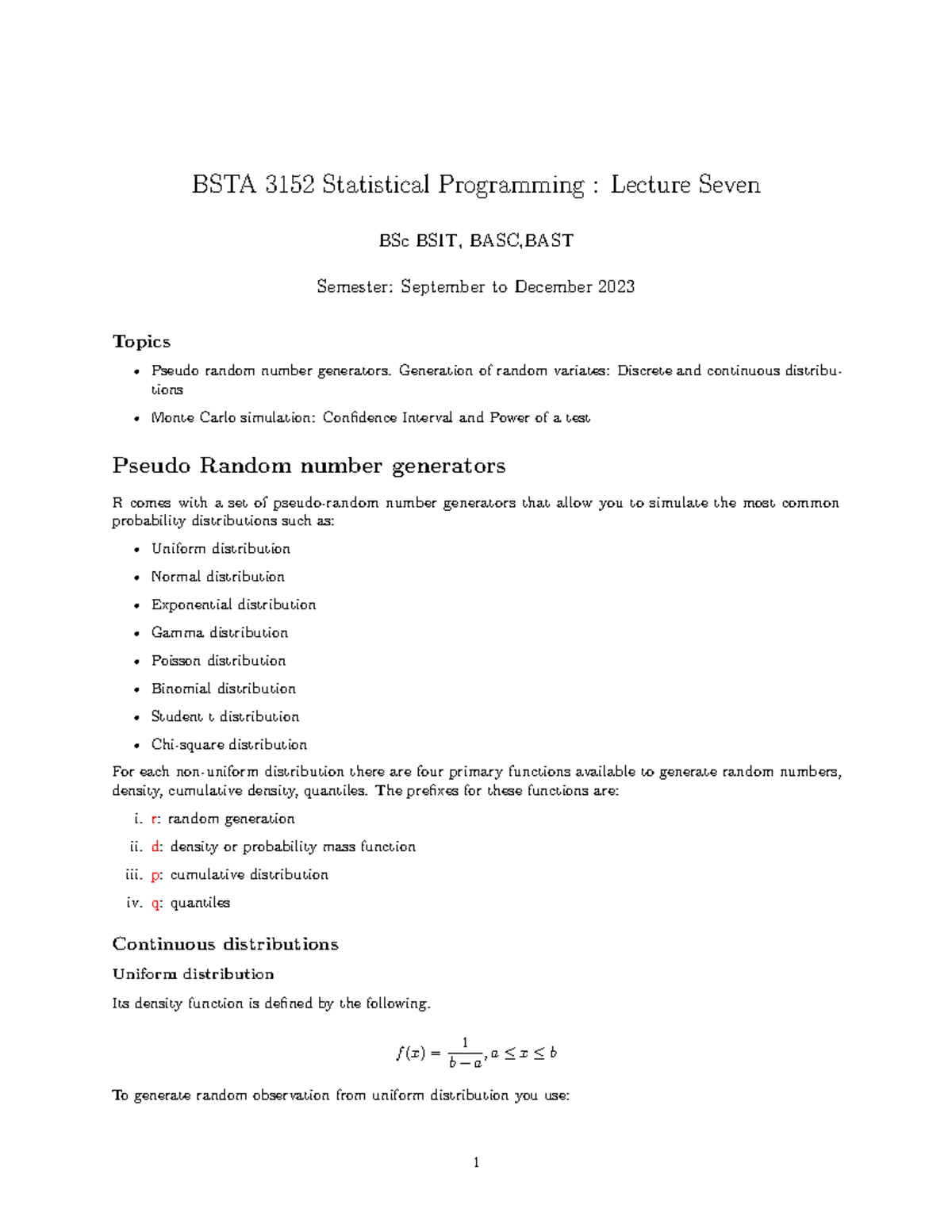 BSTA 3152 Lecture Seven - BSTA 3152 Statistical Programming : Lecture Seven BSc BSIT, BASC,BAST ...