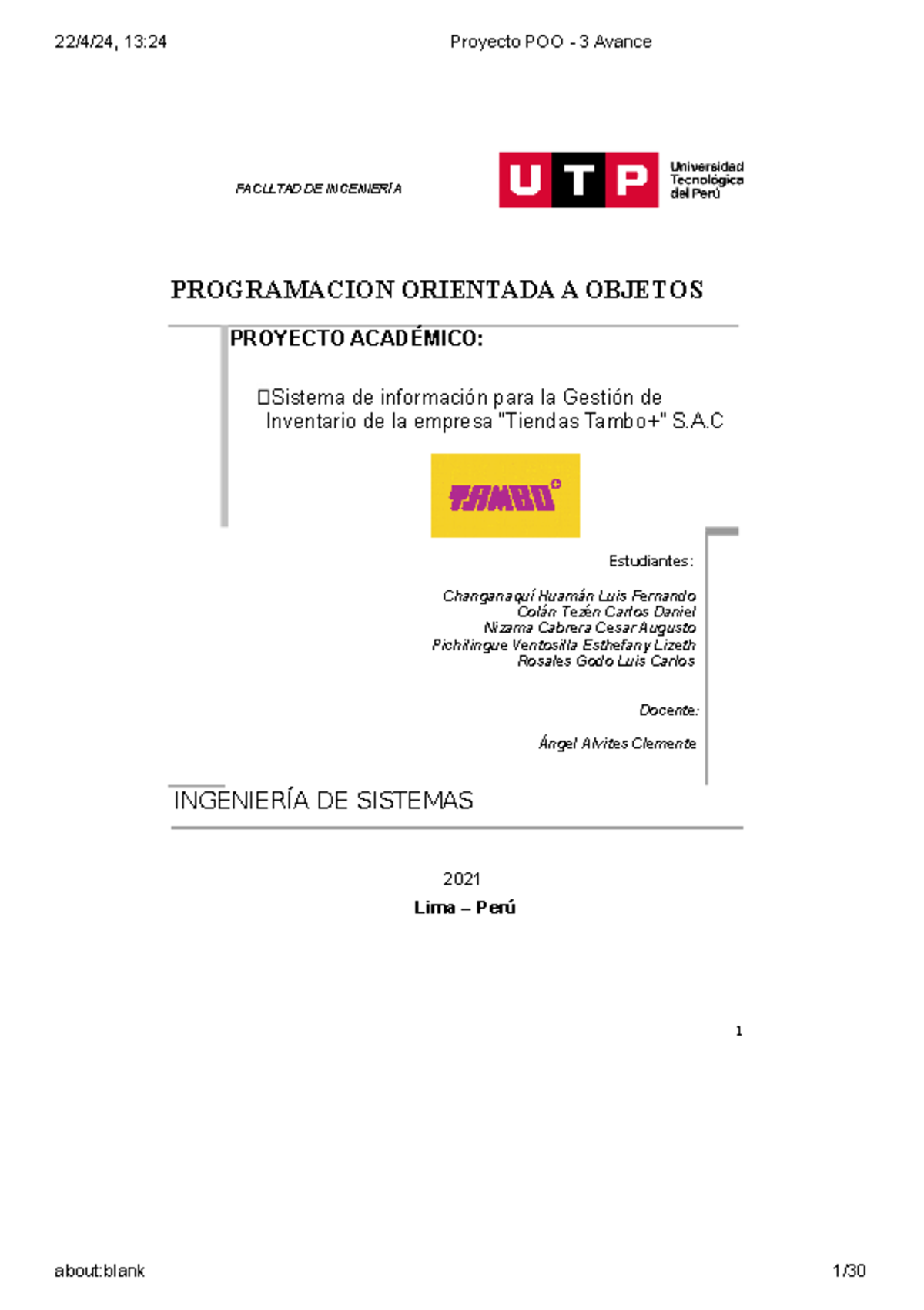 Proyecto POO - 3 Avance - ####### FACULTAD DE INGENIERÍA PROGRAMACION ORIENTADA A OBJETOS ...