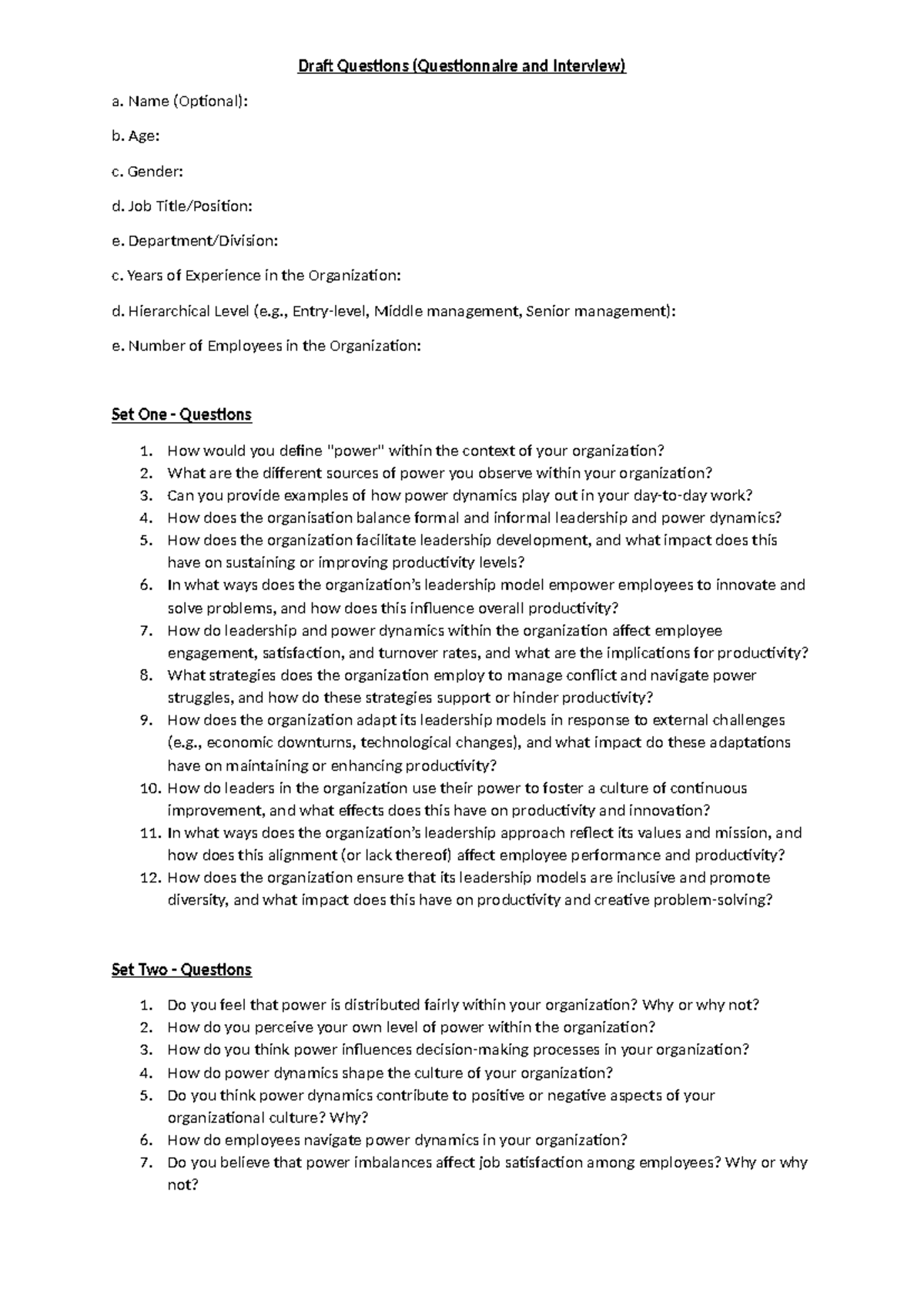 Draft Questionnaire & Interview Questions - Draft Questions (Questionnaire and Interview) a ...