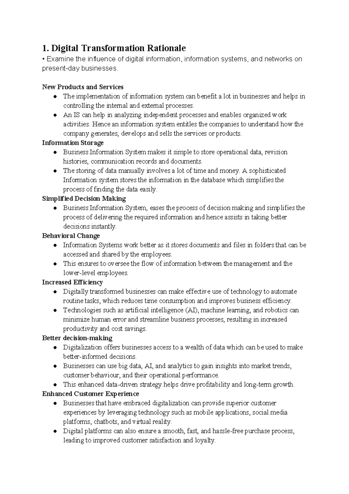 Brief A1 DBD - 1. Digital Transformation Rationale Examine the ...