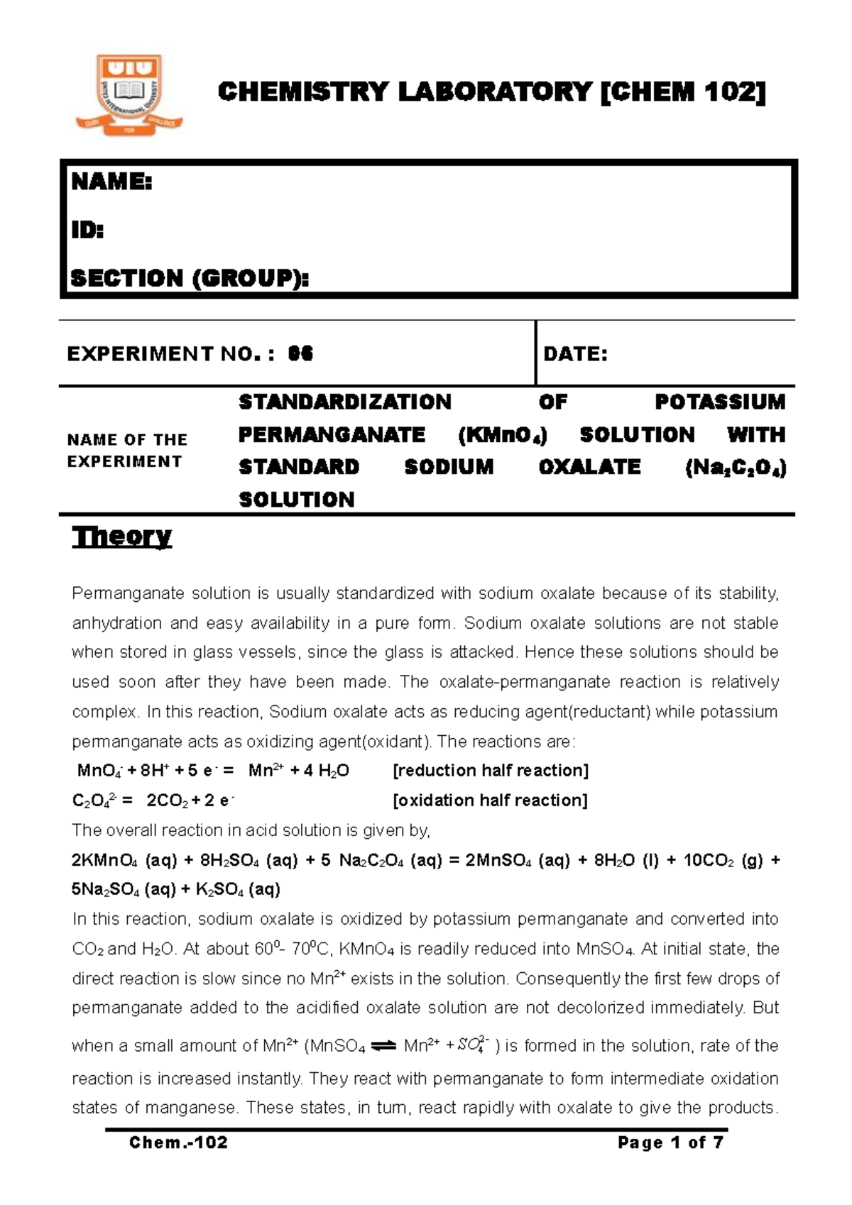 Exp-6 - Practical - CHEMISTRY LABORATORY [CHEM 102] NAME: ID: SECTION ...