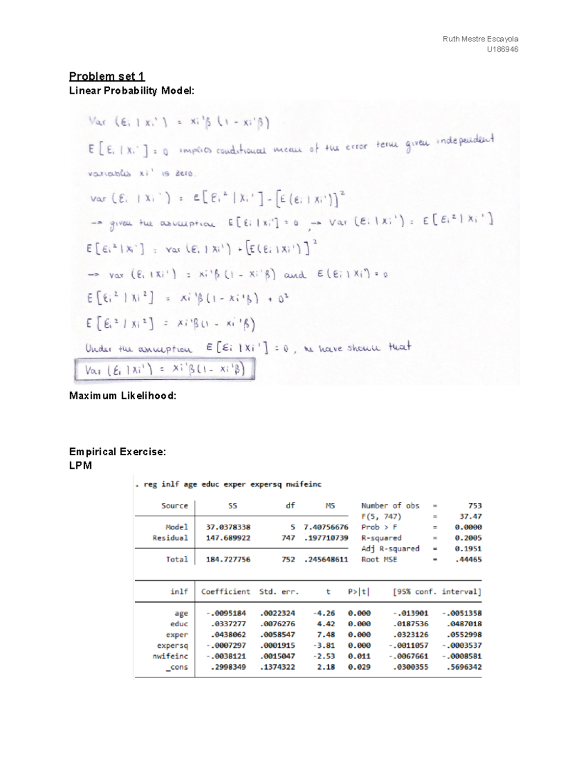 PS1 Econometria iii - U Problem set 1 Linear Probability Model: Maximum Likelihood: Empirical ...