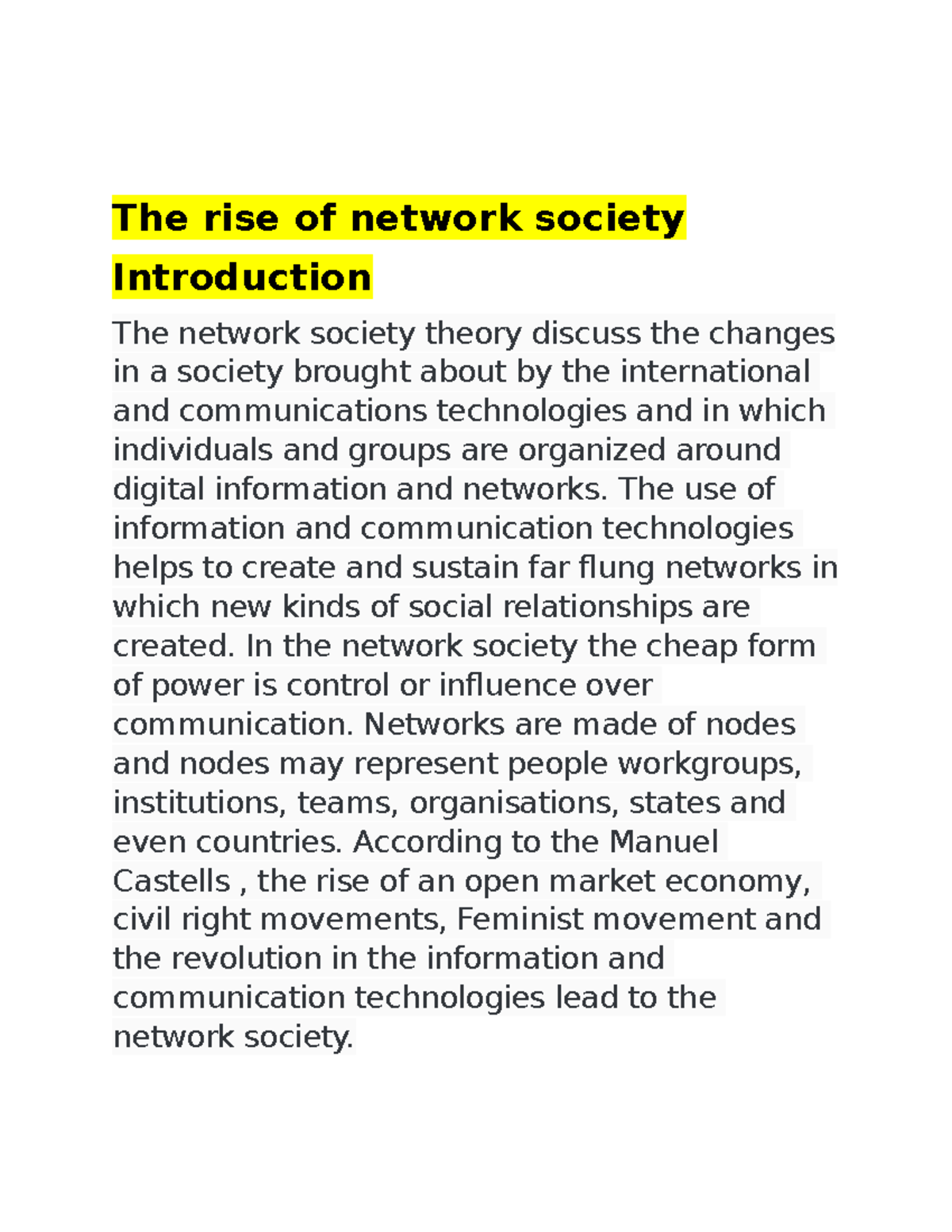 Assignment Socialogy of Globalization - The rise of network society ...