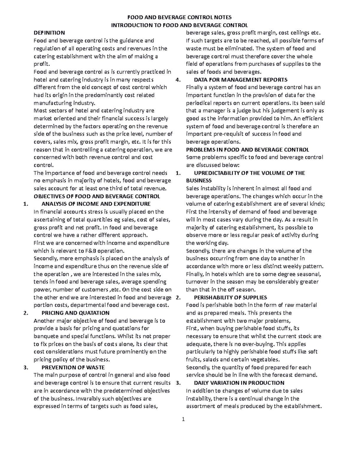 Control Notes 2 - for study - FOOD AND BEVERAGE CONTROL NOTES ...