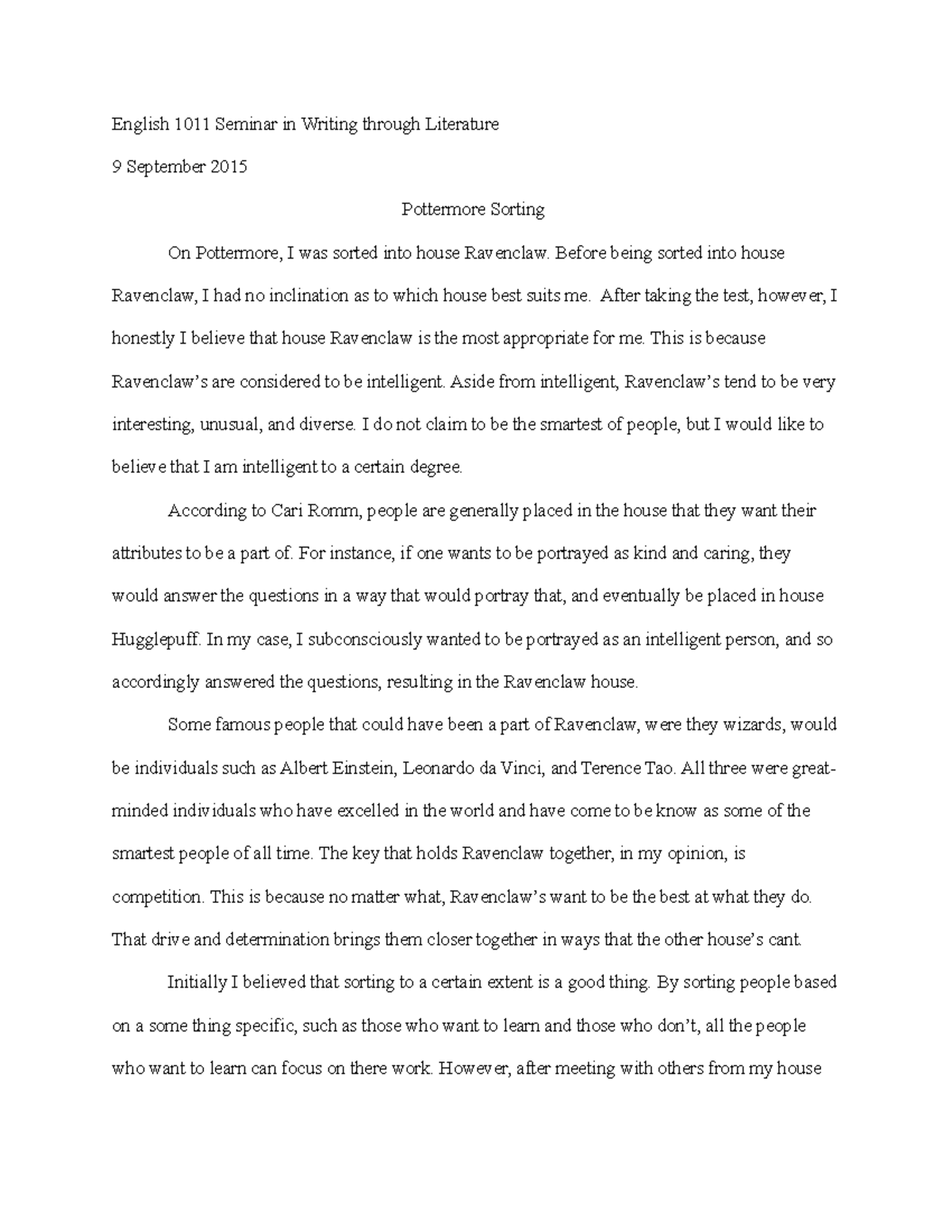 Pottermore - Ravenclaw - English 1011 Seminar in Writing through ...