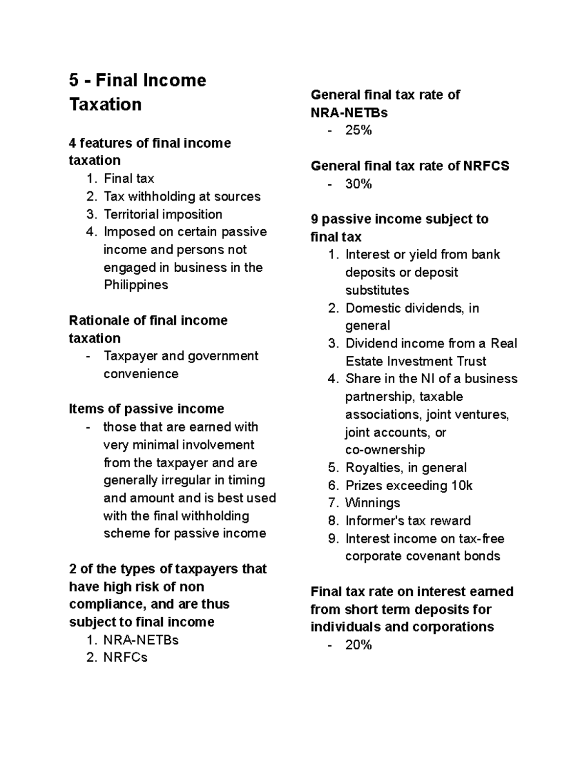 5 - Final Income Taxation - Final tax 2. Tax withholding at sources 3 ...