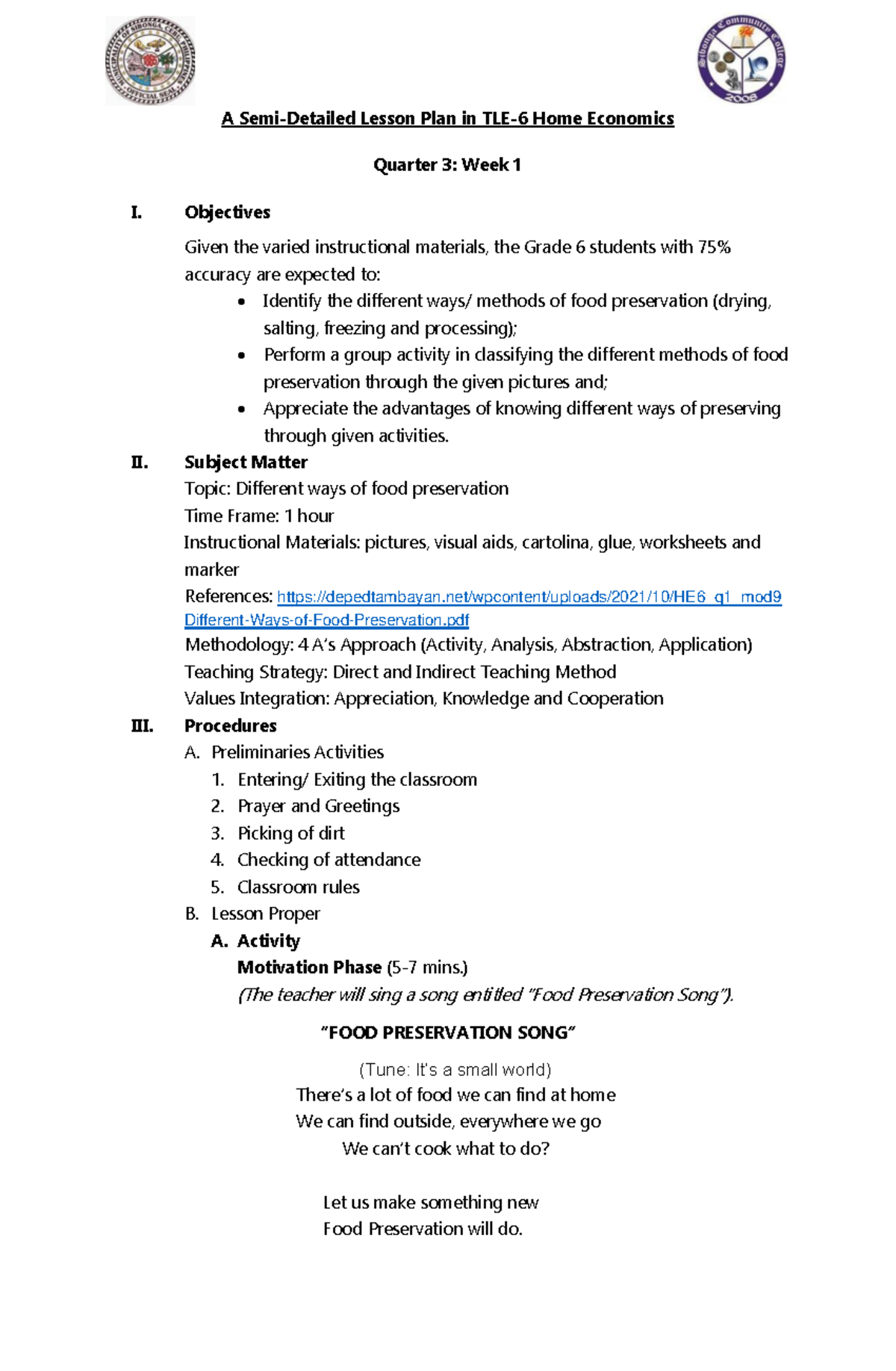 LP-TLE-6 HE - Lesson Plan in TLE-6 : Different methods of Food ...