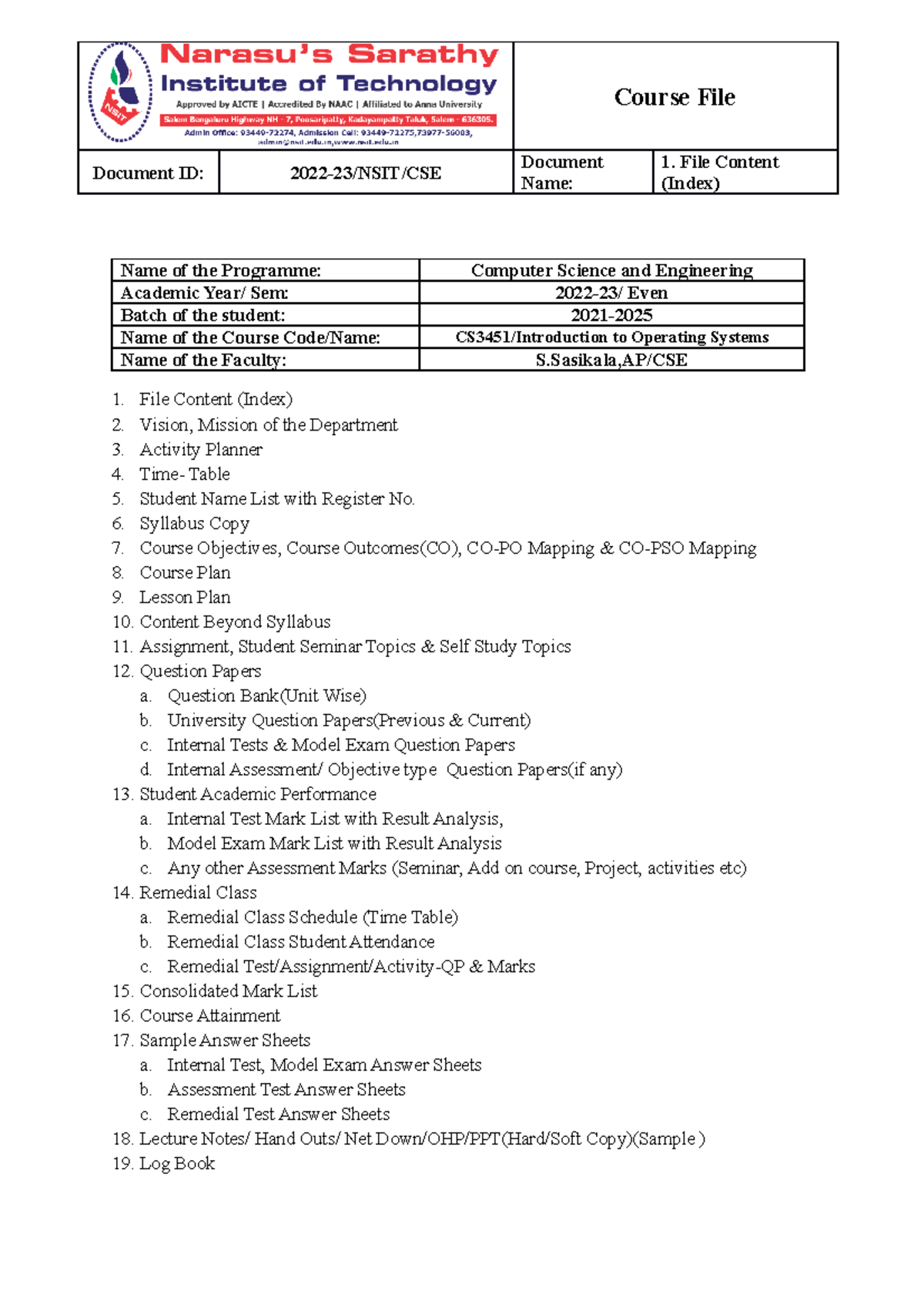CS3451 Course File OS(sasi) - Course File Document ID: 2022-23/NSIT/CSE ...