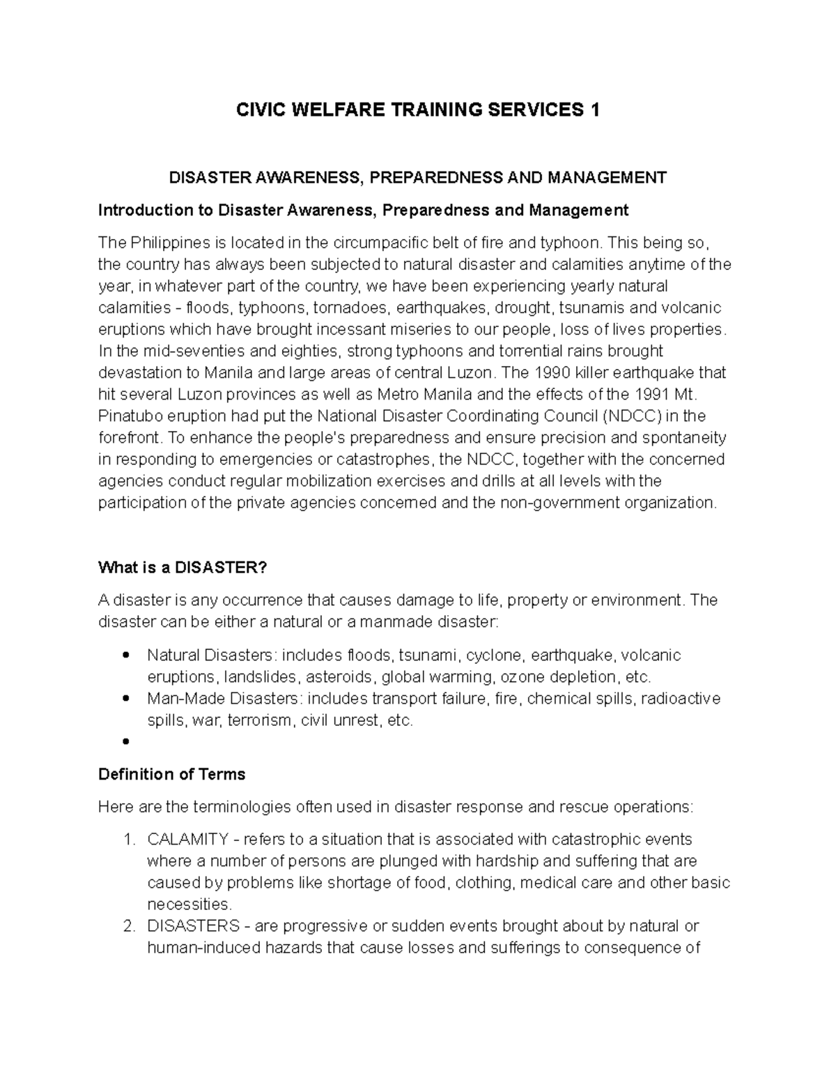 CWTS 1: Disaster Awareness, Preparedness and Management - CIVIC WELFARE ...