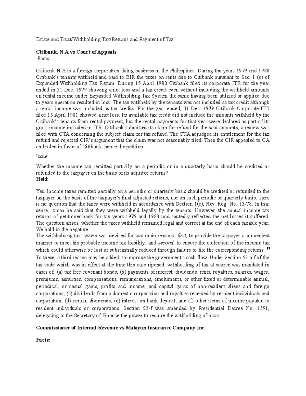 Digested Cases Revised Estate And Trust Withholding Tax Returns And