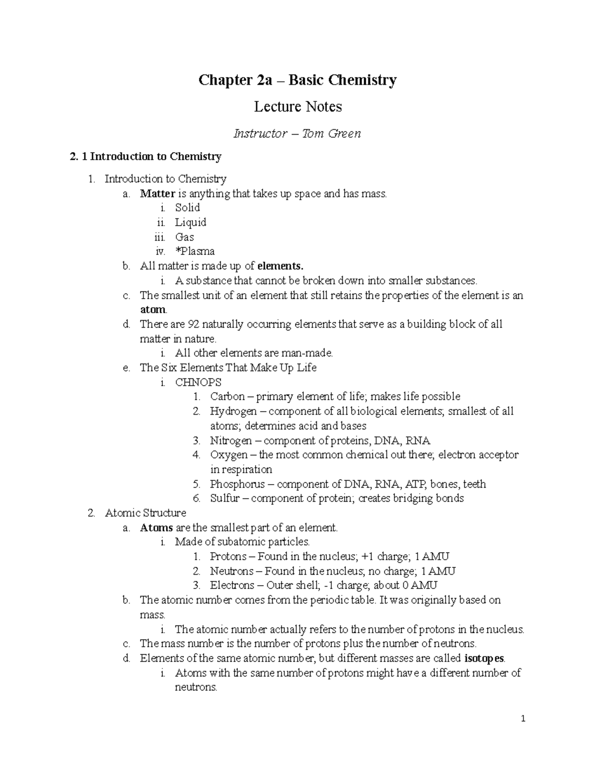 Chapter 2a Basic Chemistry Lecture Notes - Chapter 2a – Basic Chemistry ...