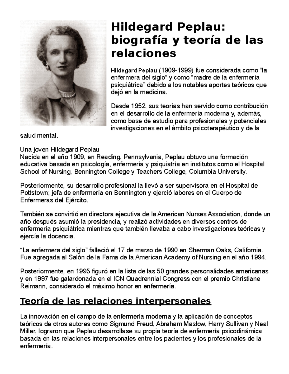 Hildegard Elizabeth Peplau - Hildegard Peplau: biografía y teoría de ...