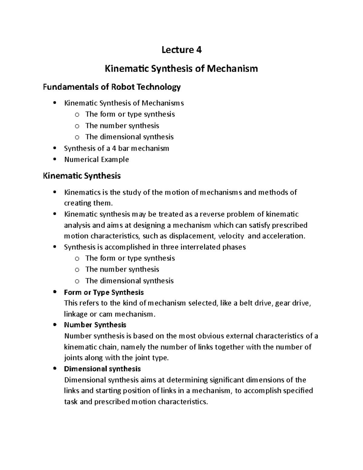 Lecture 4 - Kinematic Synthesis - Lecture 4 Kinematic Synthesis of ...