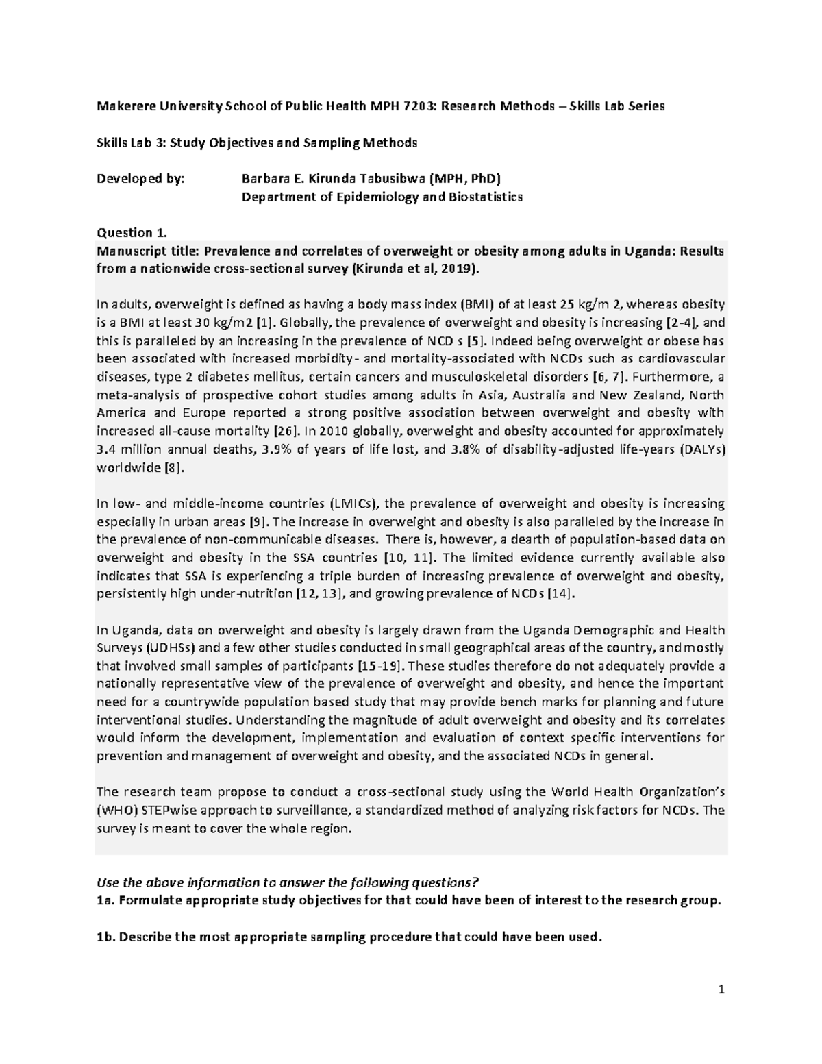 Skills Lab3a.Sampling Methods 2019 Student - 1 Makerere University ...