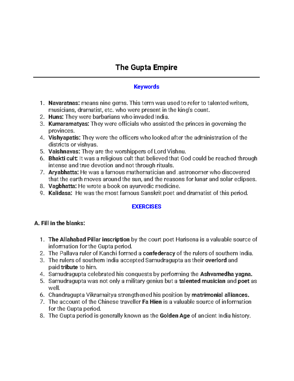 The Gupta Empire - notes - ncertbooksolutions The Gupta Empire Keywords ...