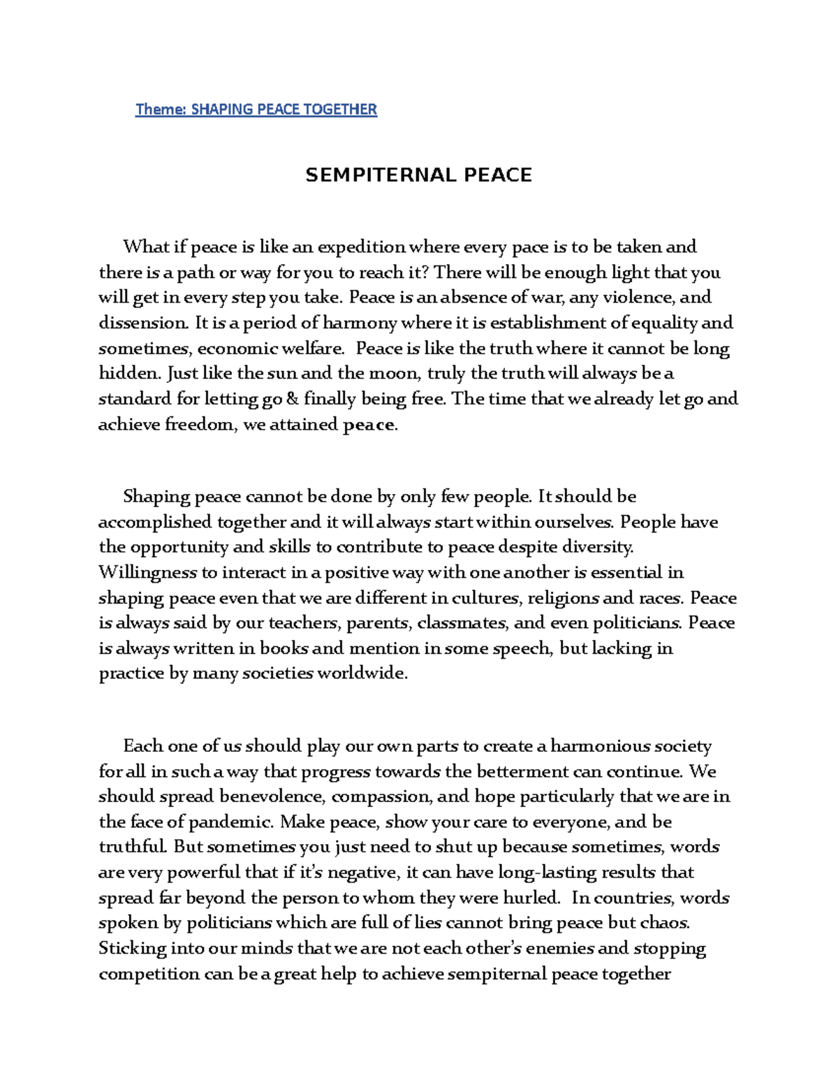 Shaping Peace Together - Theme: SHAPING PEACE TOGETHER SEMPITERNAL ...