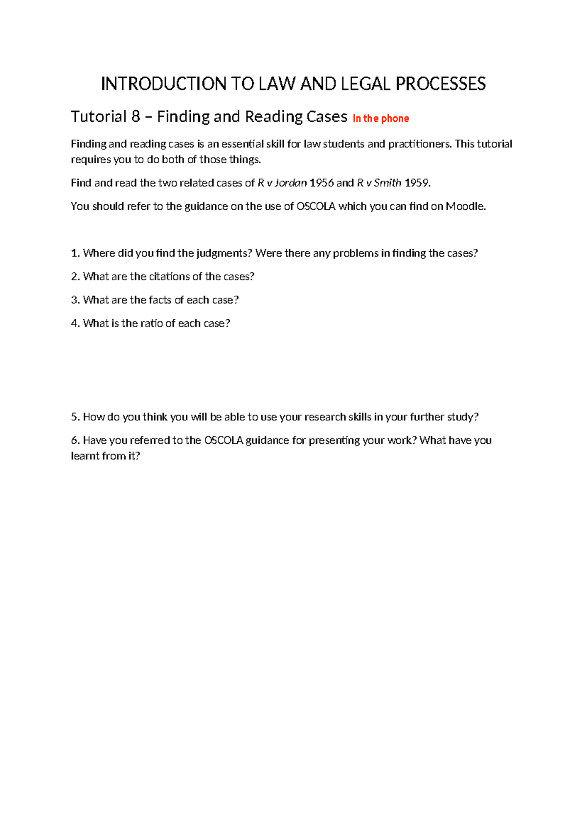 Tutorial Eight into to law - INTRODUCTION TO LAW AND LEGAL PROCESSES ...