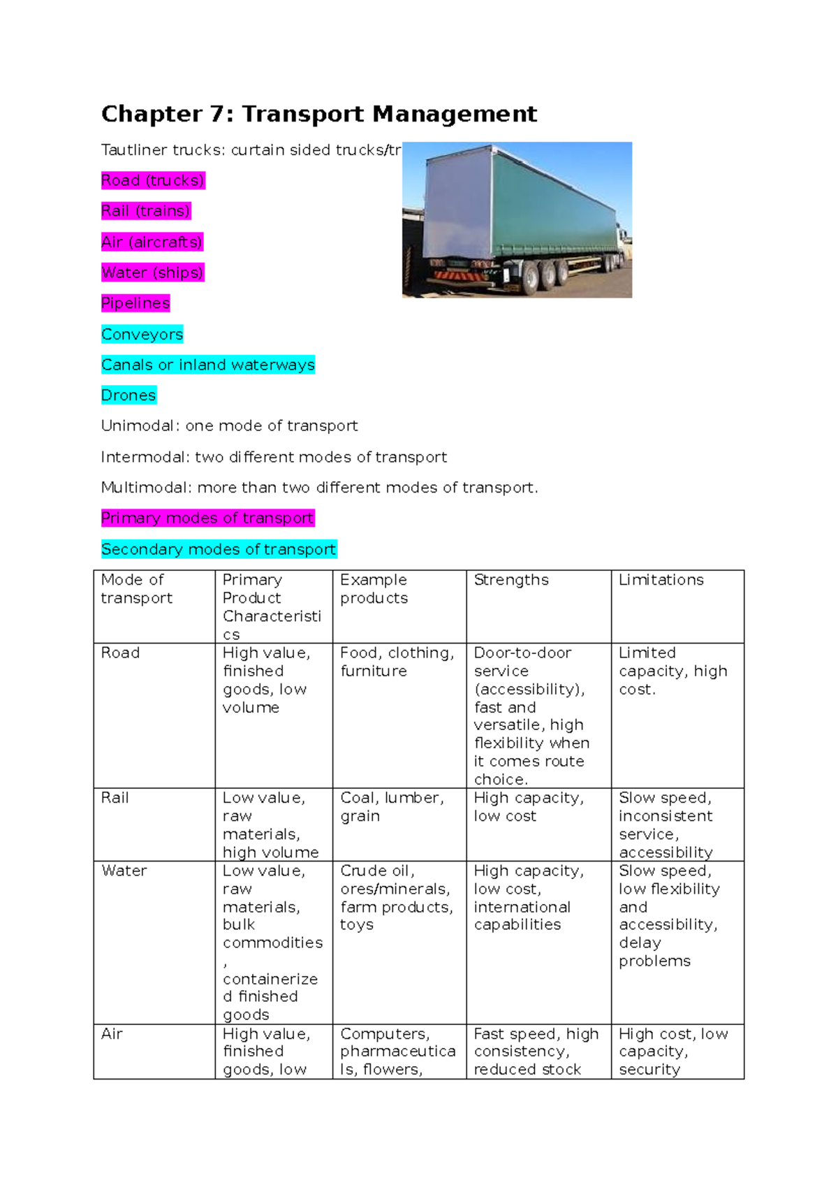 Chapter 7 and 8 Notes - Chapter 7: Transport Management Tautliner ...