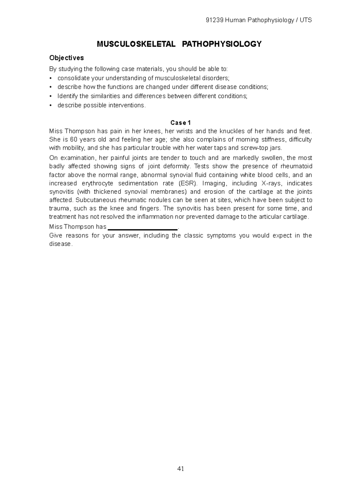 Week 9- MSK worksheet - 91239 Human Pathophysiology / UTS 41 Objectives ...