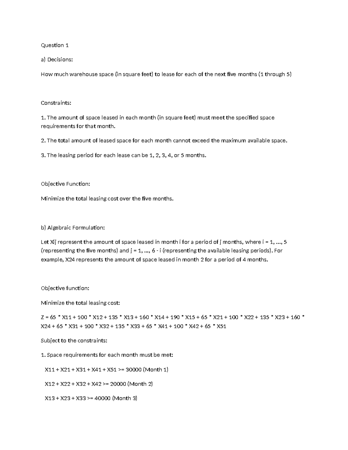 Assignment 1 Review Question 1 A Decisions How Much Warehouse Space
